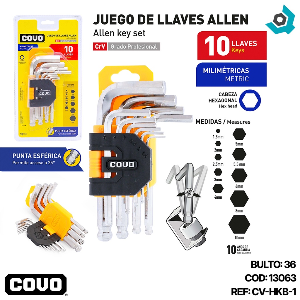 JUEGO DE LLAVES ALLEN PUNTA ESFERICA 10PZAS COVO | Litani Import Export